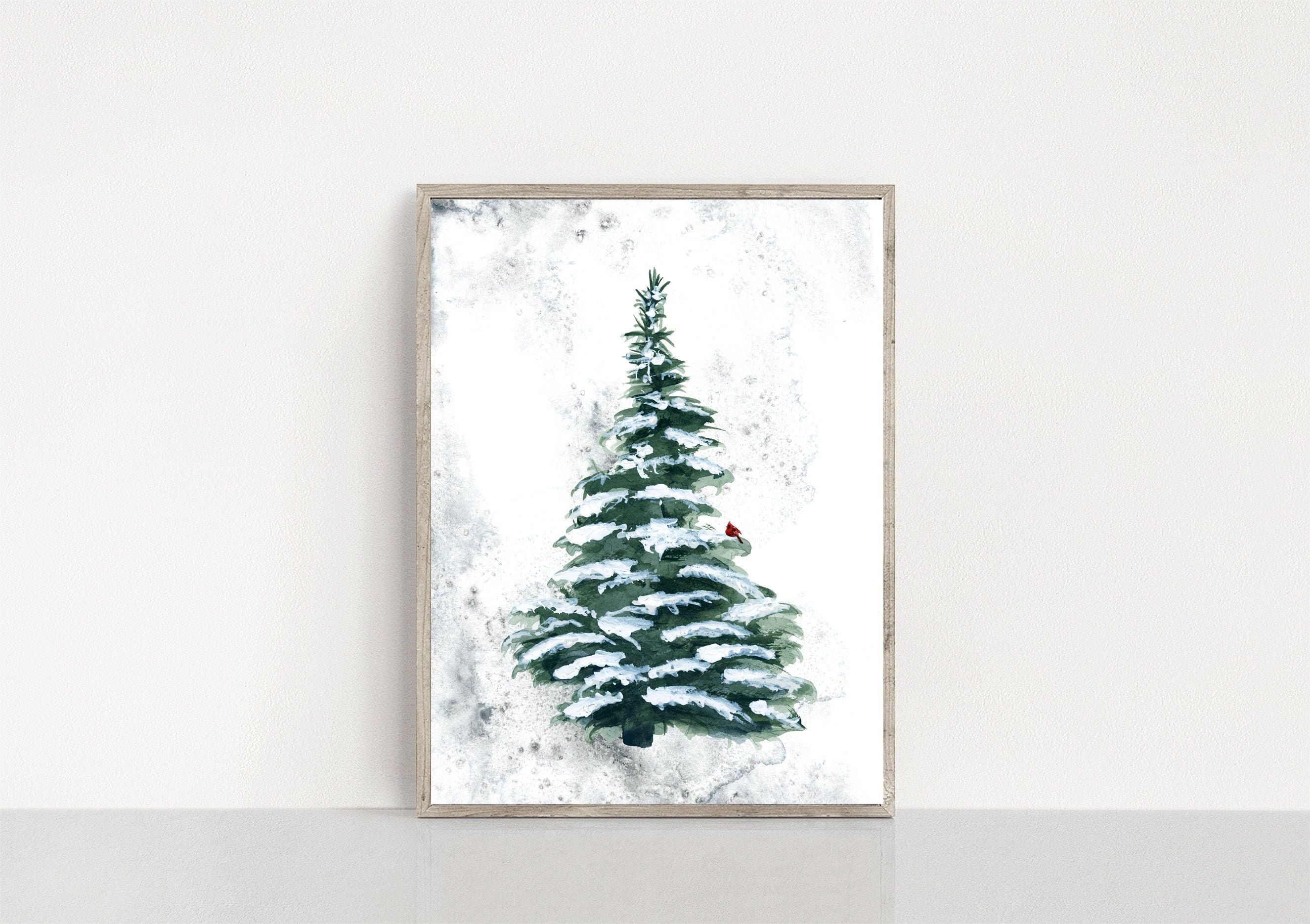 Watercolor Evergreen Tree Print Snow Covered Tree | Etsy