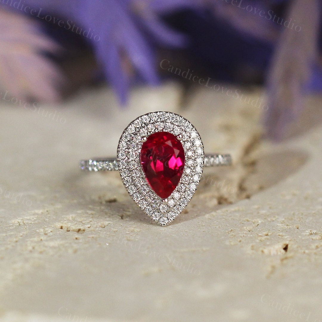Pear Cut Ruby Ring 14k Solid White Gold Double Halo Moissanite Ring ...