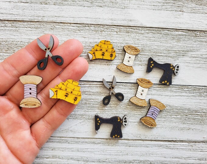 Sewing Themed Buttons Made of Wood - Pack 9 or 10 Buttons/ Sewing ...
