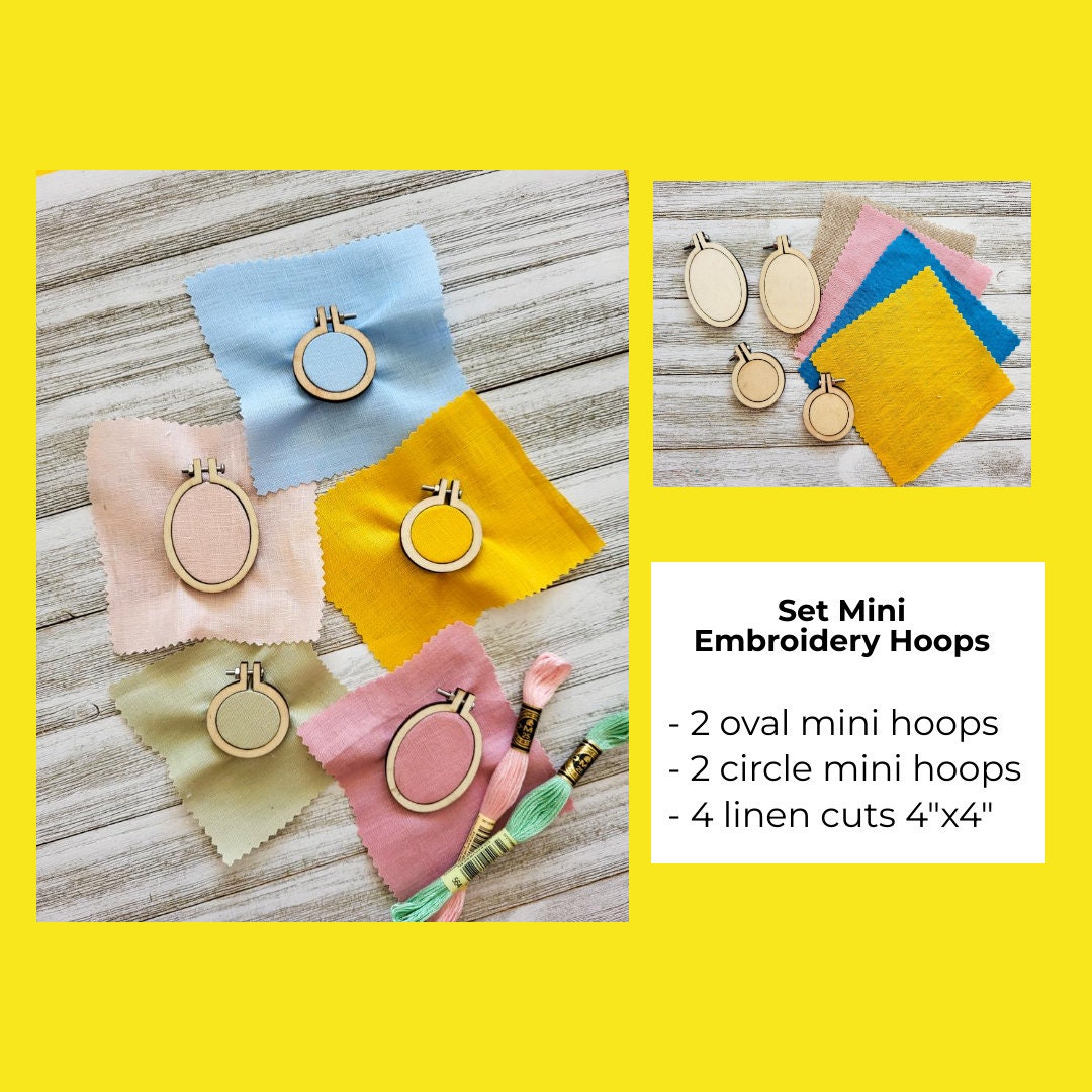 Set 4 Mini Wooden Embroidery Hoops + 4 Linen Cuts 4"x4"/ Small Hoops ...