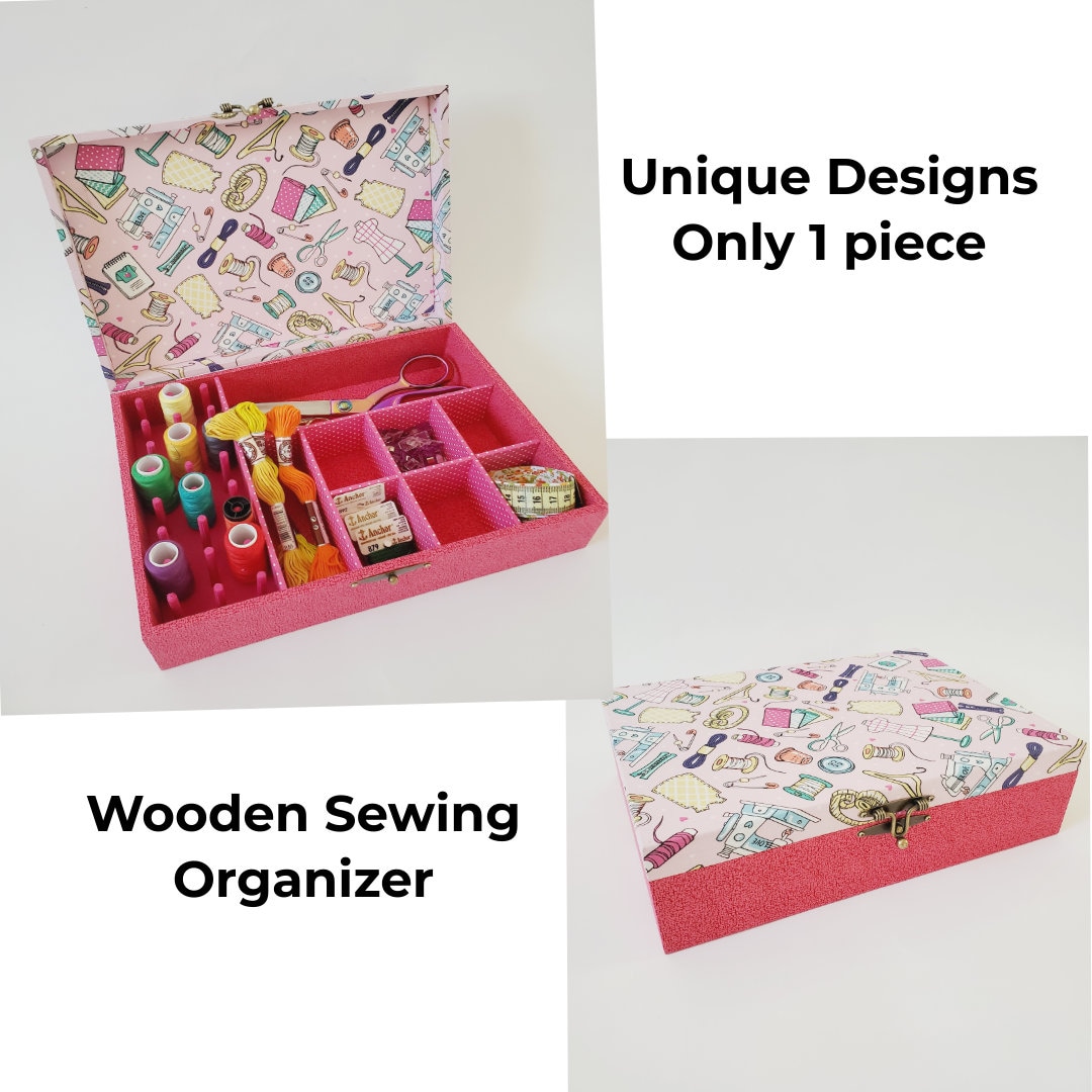 Wooden Sewing Organizer, Sewing Storage Box, Embroidery Organizer, Pink ...