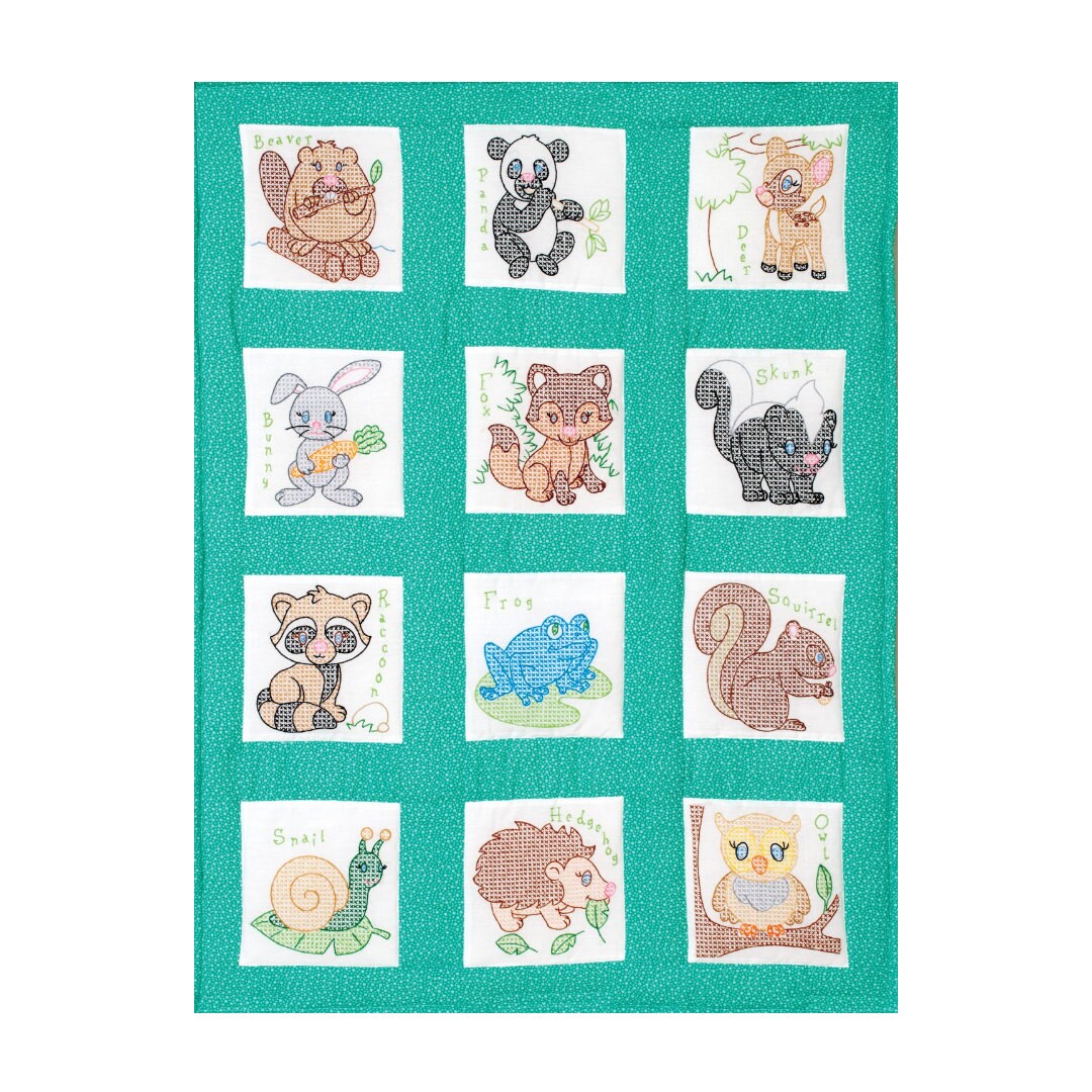 12 twelve Stamped Nursery Quilt Blocks Forest Friends to Embroider 9 X ...