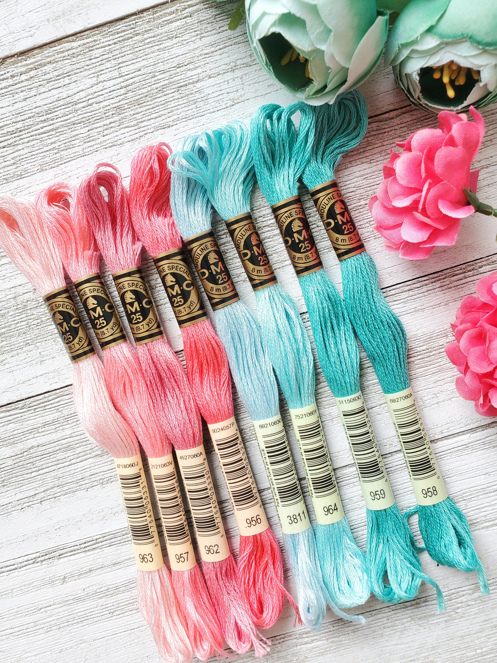 8x Turquoise and Pink DMC Flosses,dmc Threads, DMC Kit, Dmc Set of ...