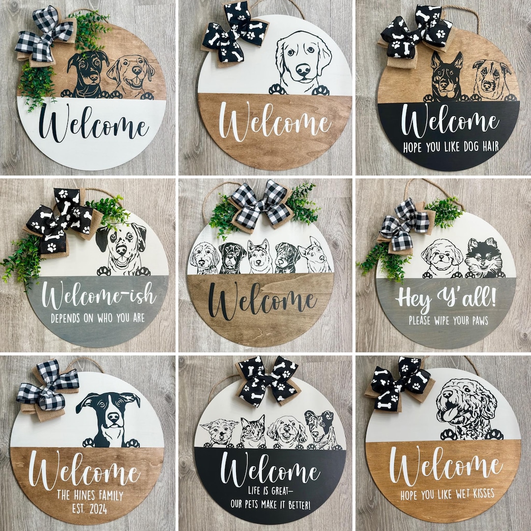 Pet Welcome Sign Round Wood Wreath Door Hanger – Funny Dog Quote Home ...