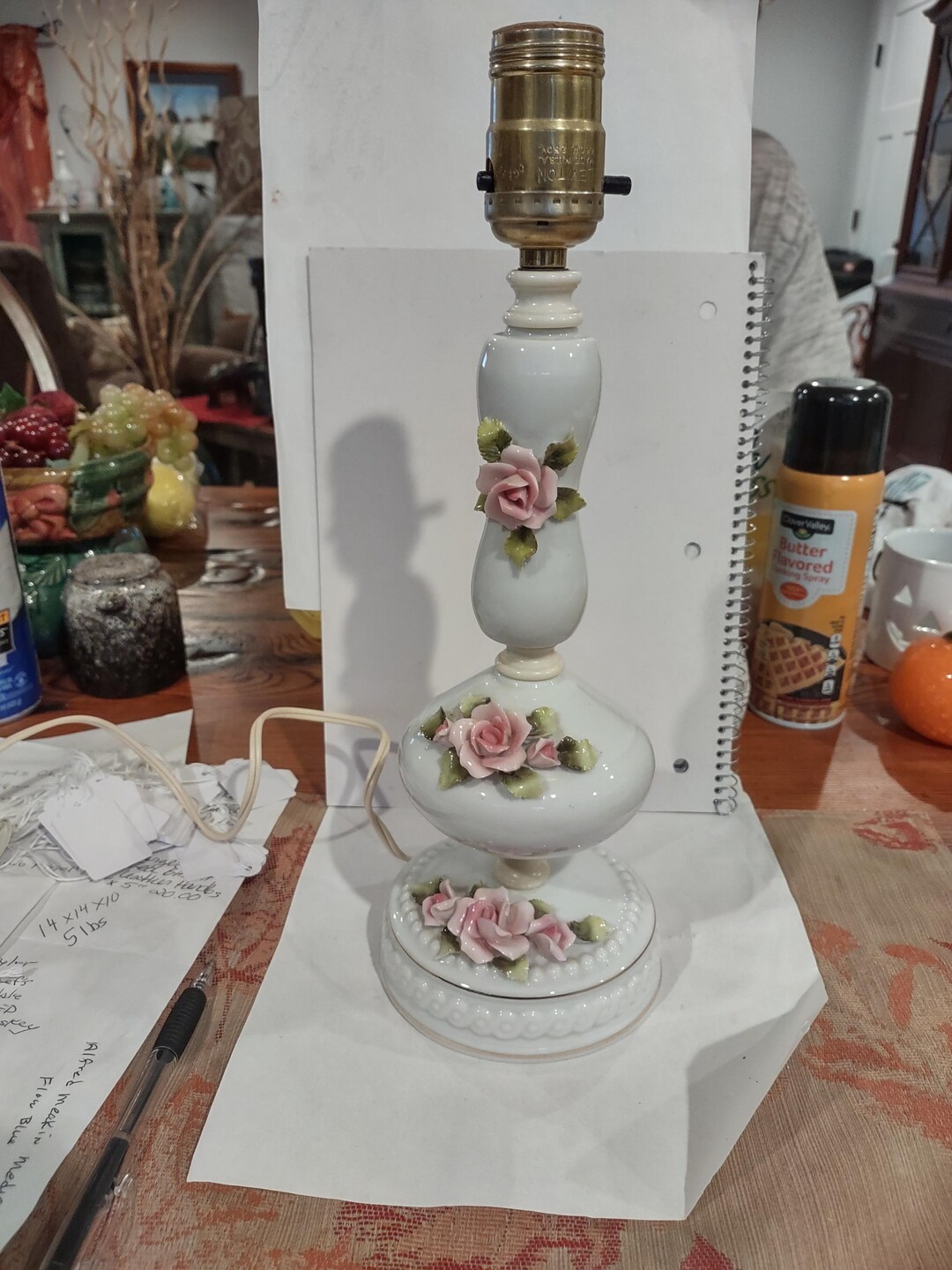 White Porcelain Capodimonte Lamp by M. Moretto Pink Rosettes Italy 1950 ...