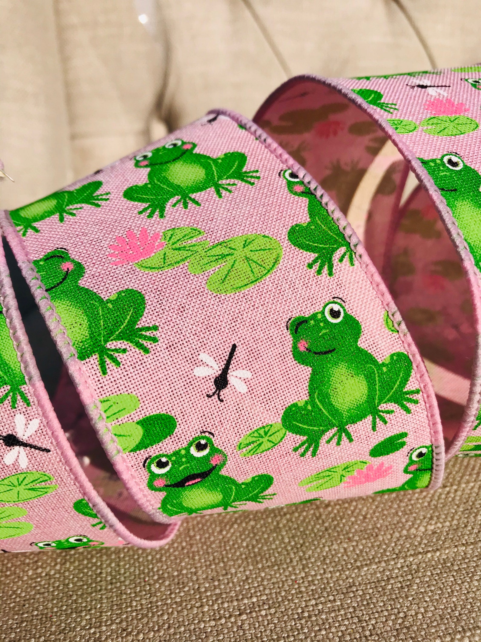 Wire Edged Ribbon Cute Frogs on Lilly Pads on a Pink Backdrop | Etsy