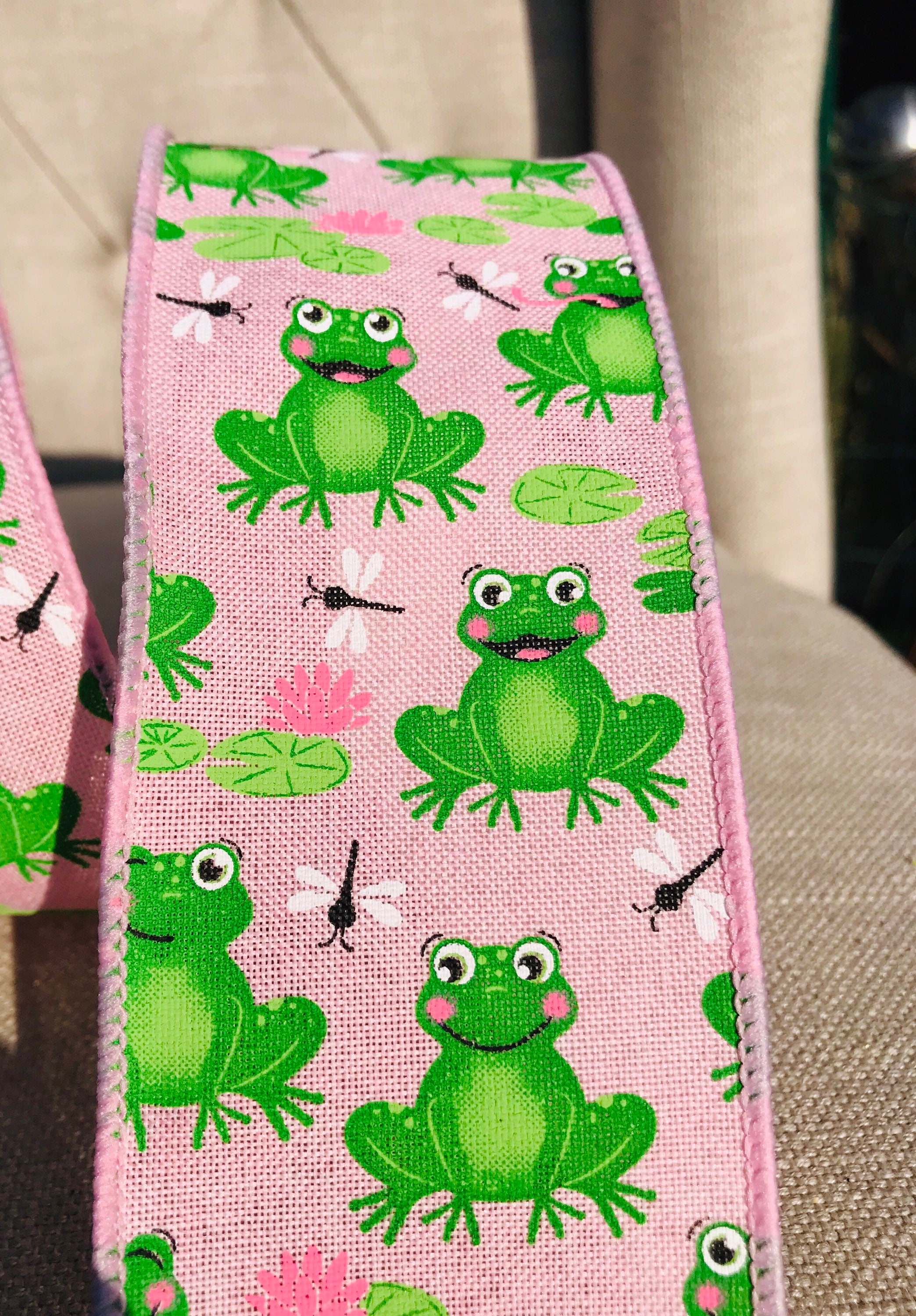 Wire Edged Ribbon Cute Frogs on Lilly Pads on a Pink Backdrop | Etsy