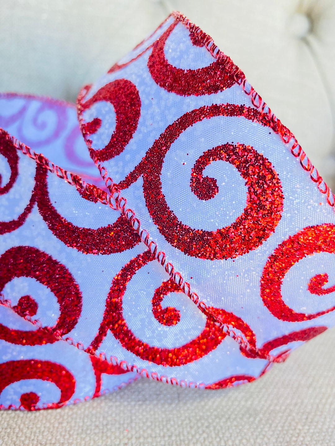 Wire Edged Ribbon, White Red Glitter Swirls Curls, 1.5 Wide, Red White ...