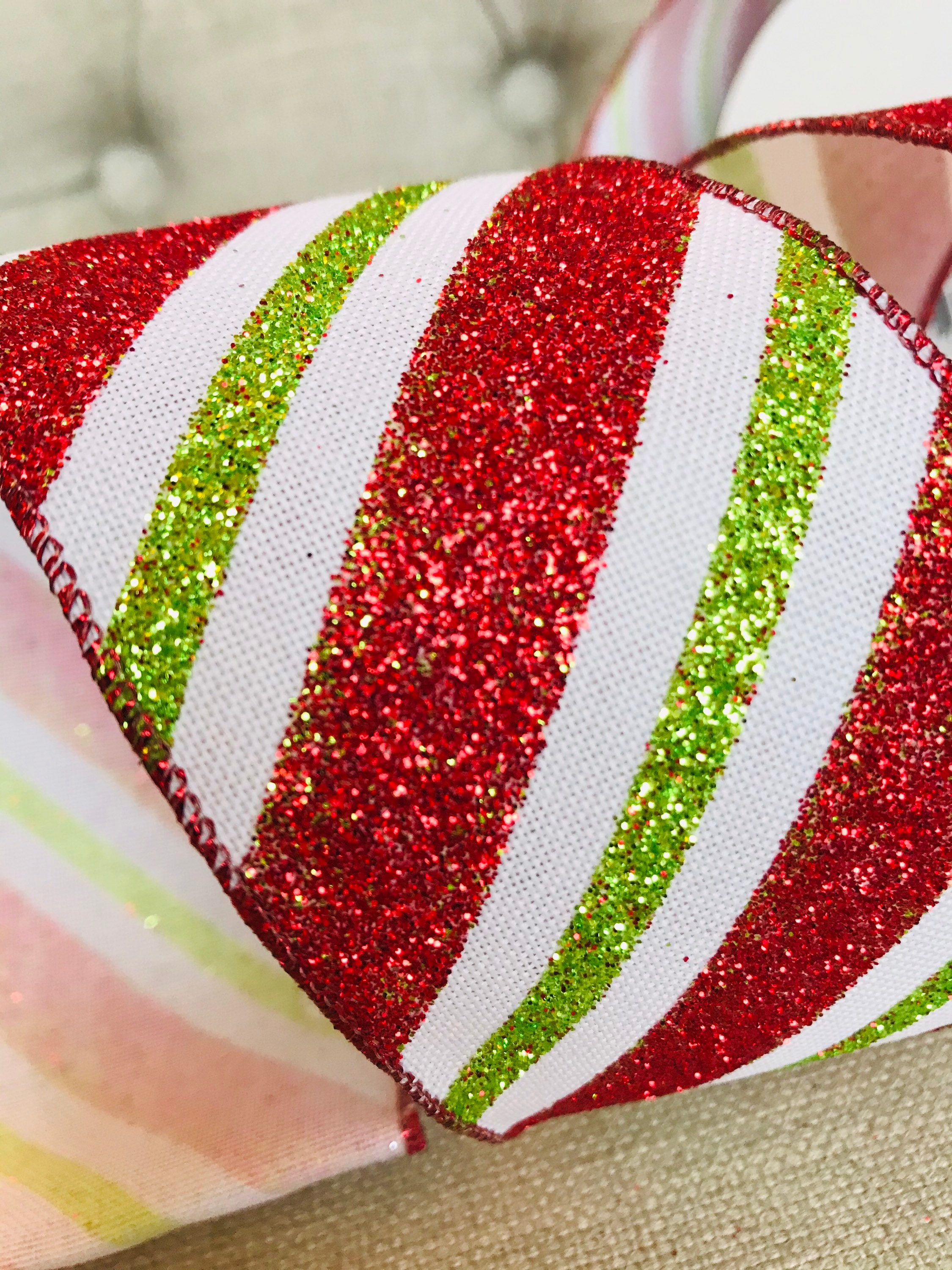 Wire Edged Ribbon Candy Cane Glitter Red Green on White Stripe | Etsy