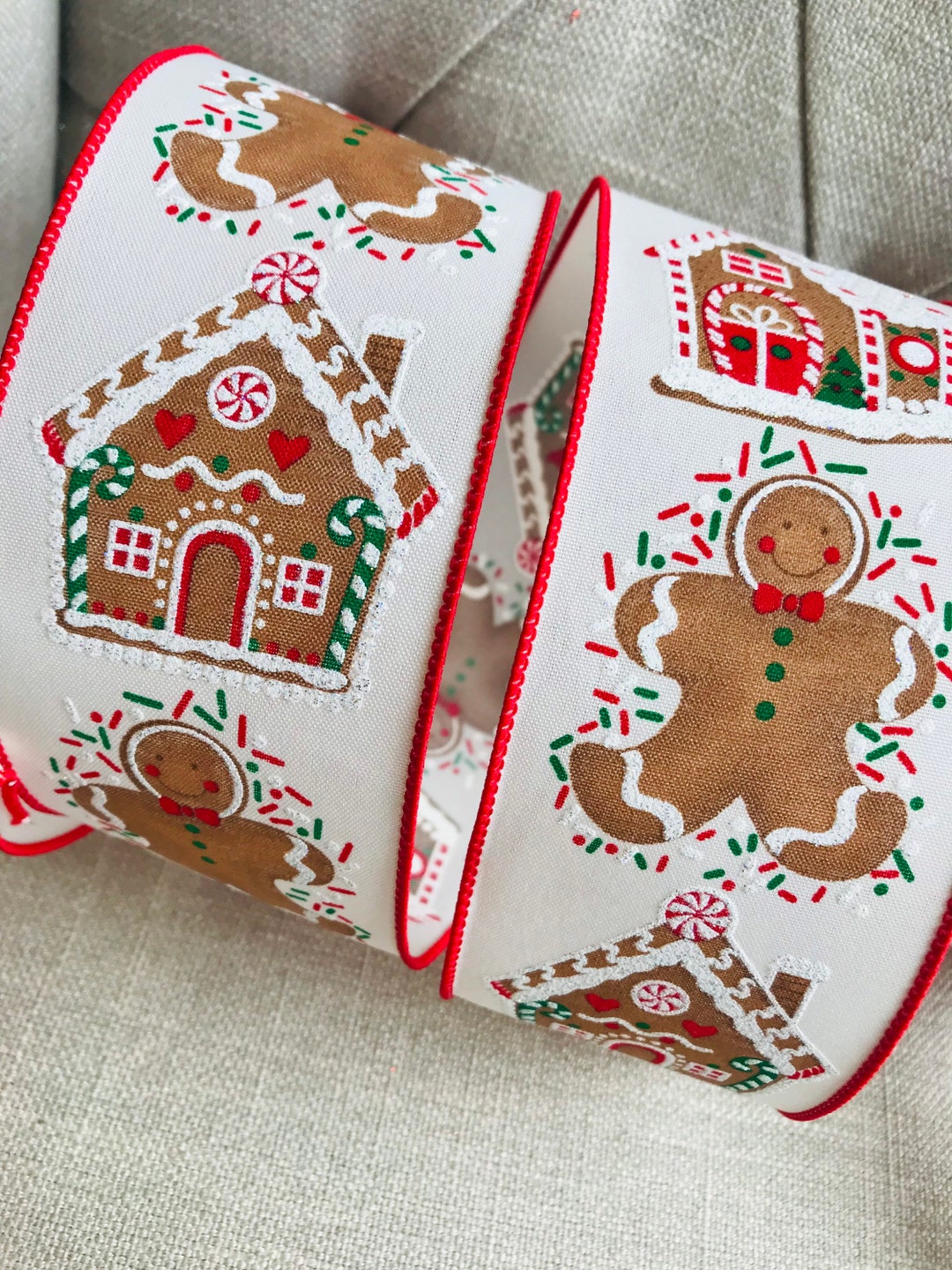 9 Meter Wire Edged Ribbon Cute Gingerbread House Gingerbread Man 2.5 ...