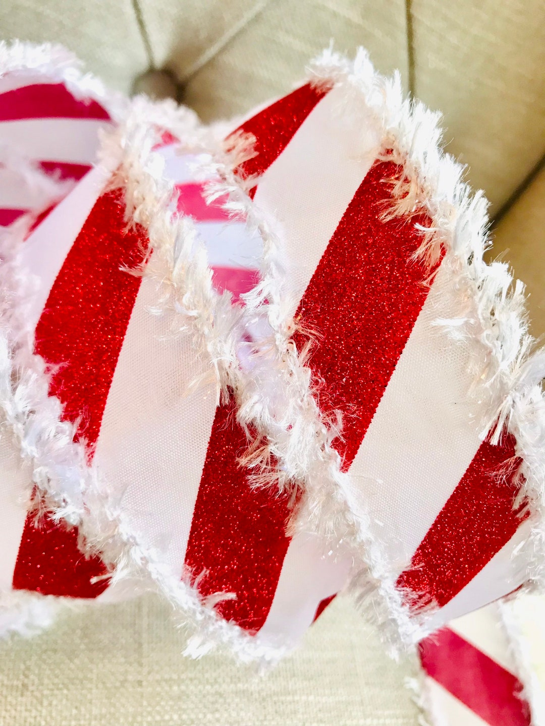 Gorgeous Wire Edged Ribbon, Red White Candy Cane Glitter Stripe, Fluffy ...