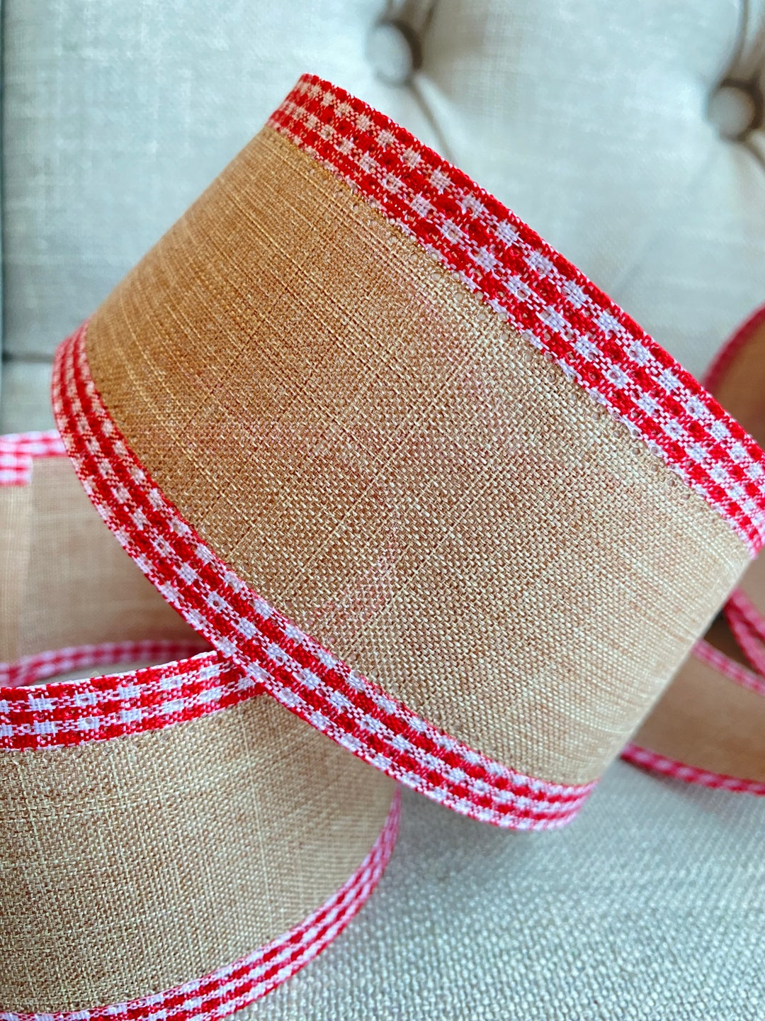 9 Meter Wire Edged Ribbon , 2.5 Wide Natural With Red Gingham Edge ...