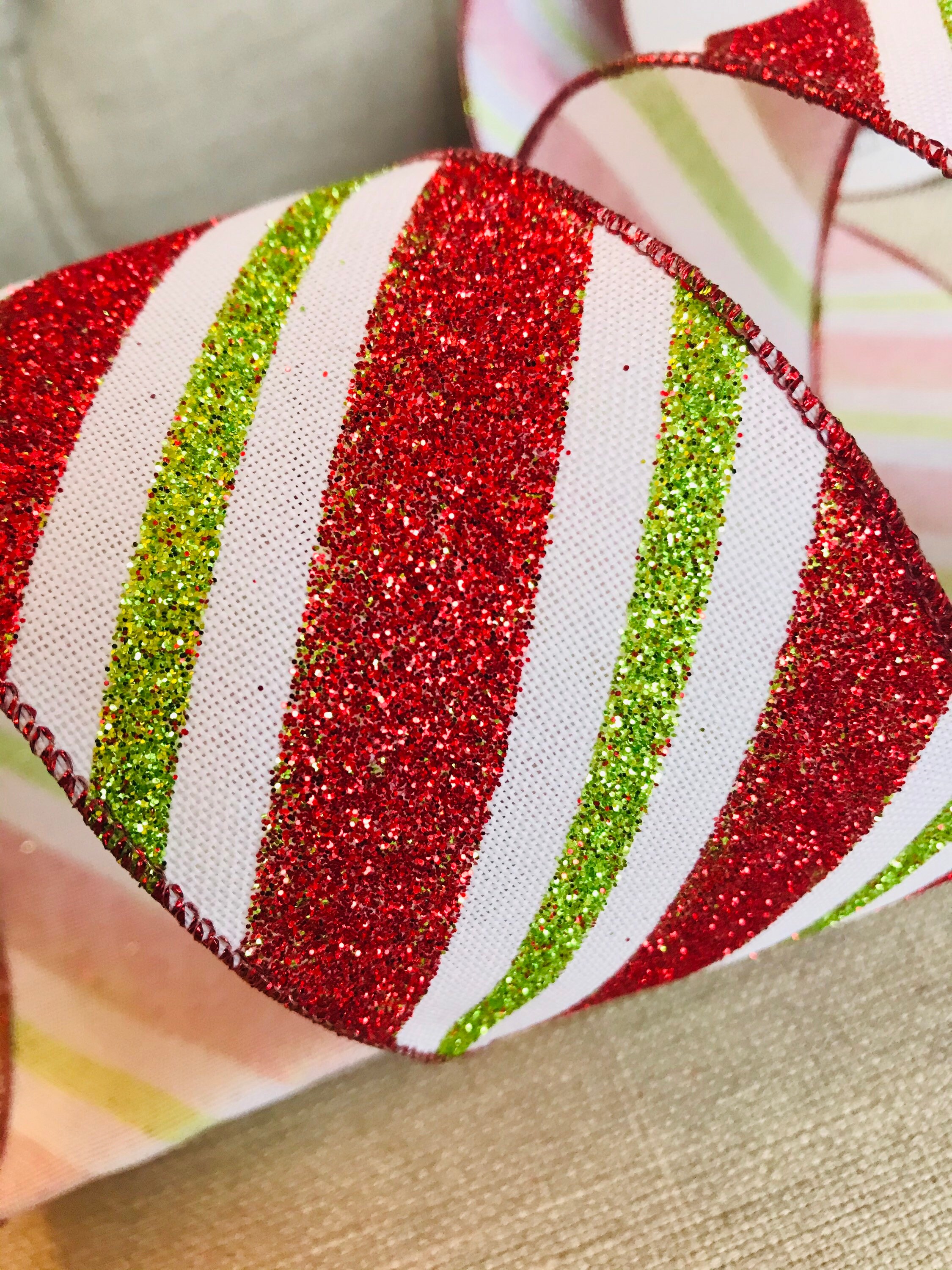 Wire Edged Ribbon Candy Cane Glitter Red Green on White Stripe | Etsy