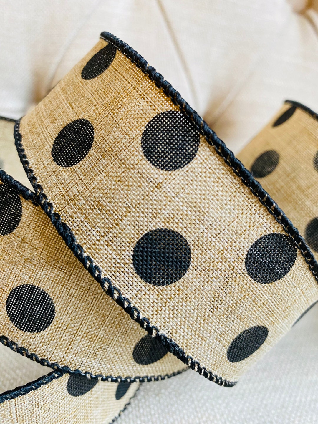 Wire Edged Ribbon From USA Black Polka Dot on Natural, 1.5 Wide ...