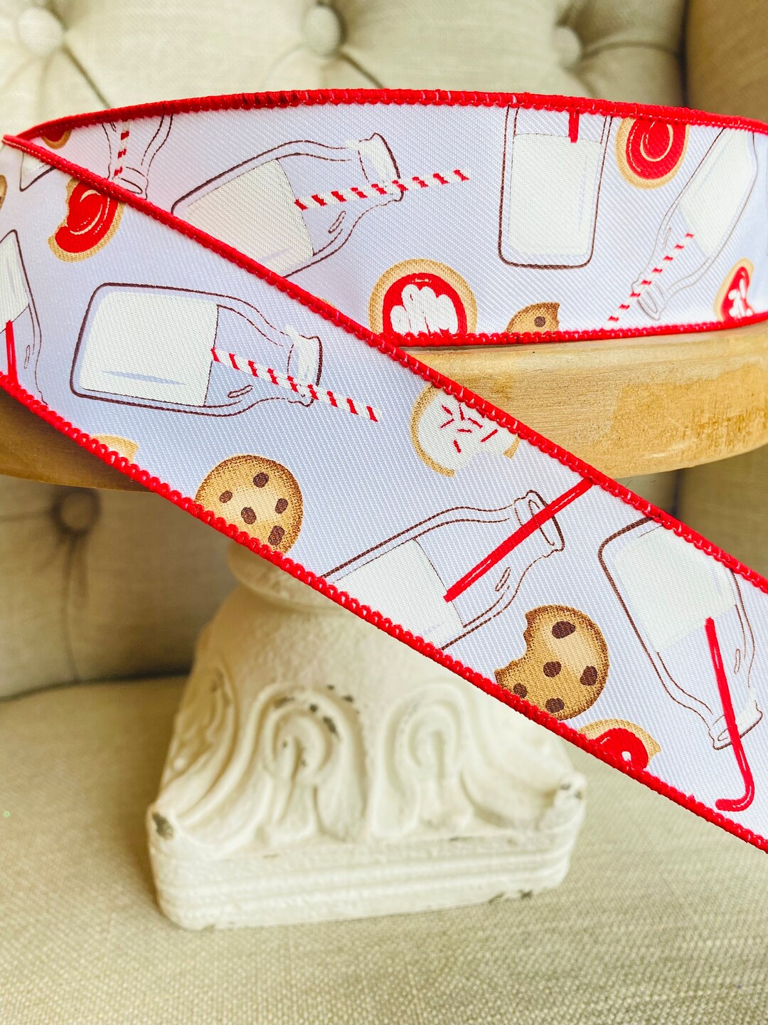 9 Meter Wire Edged Christmas Ribbon, White, Cookie and Milk Santa ...