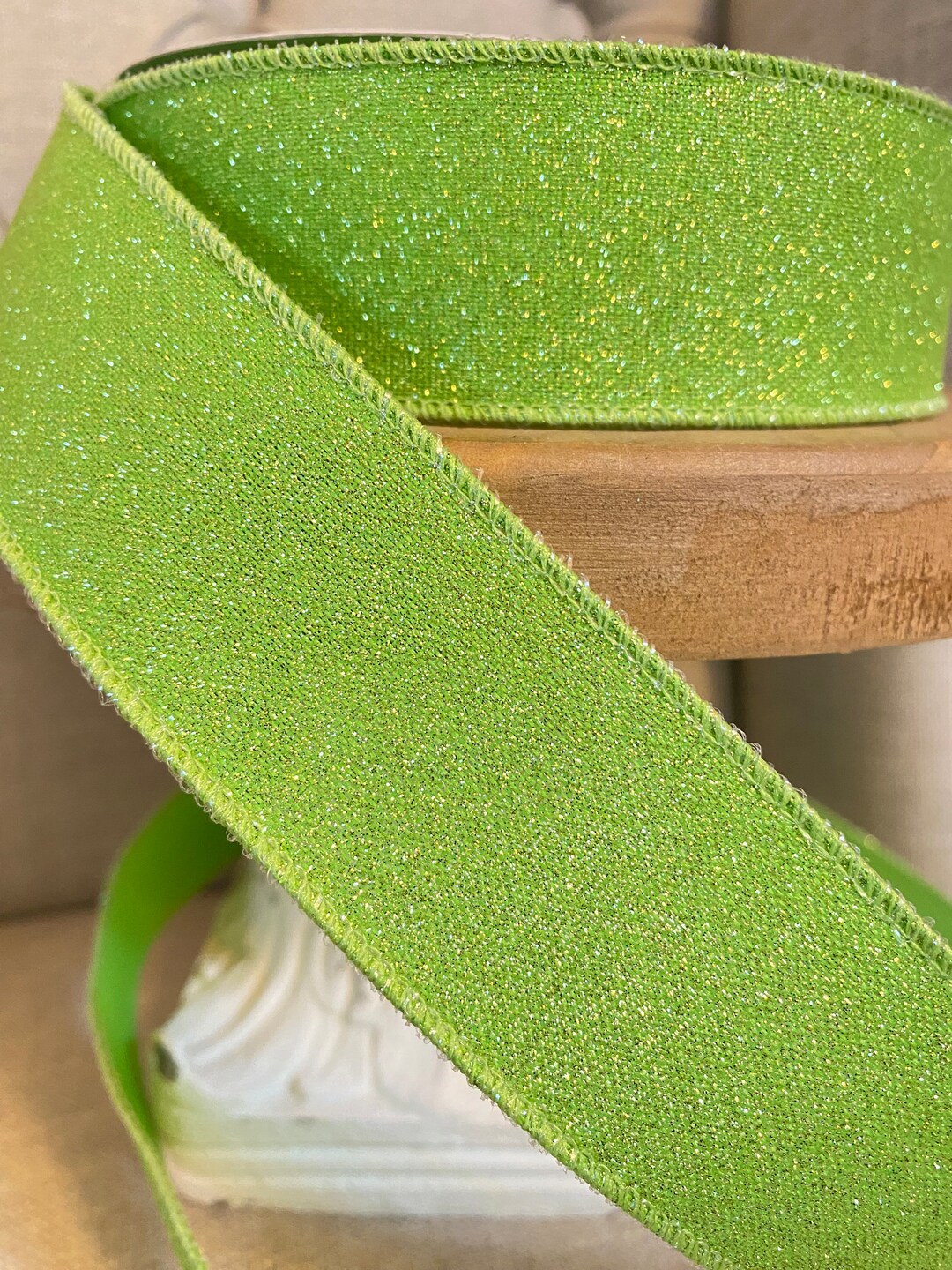 9 Meter Wire Edged Ribbon Lime Green Glitter, 1.5” Wide, Wreath Ribbon ...