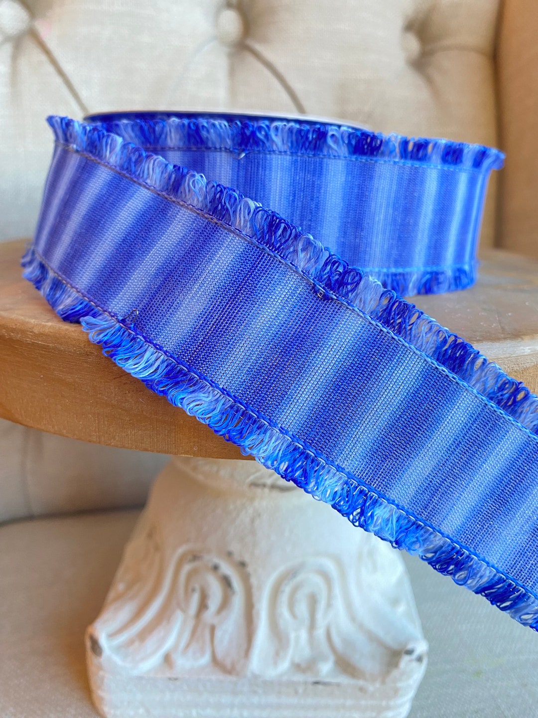 9 Meter Wire Edged Ribbon, Two Tone Blue Fluffy Edge, 1.5 Wide, Blue ...