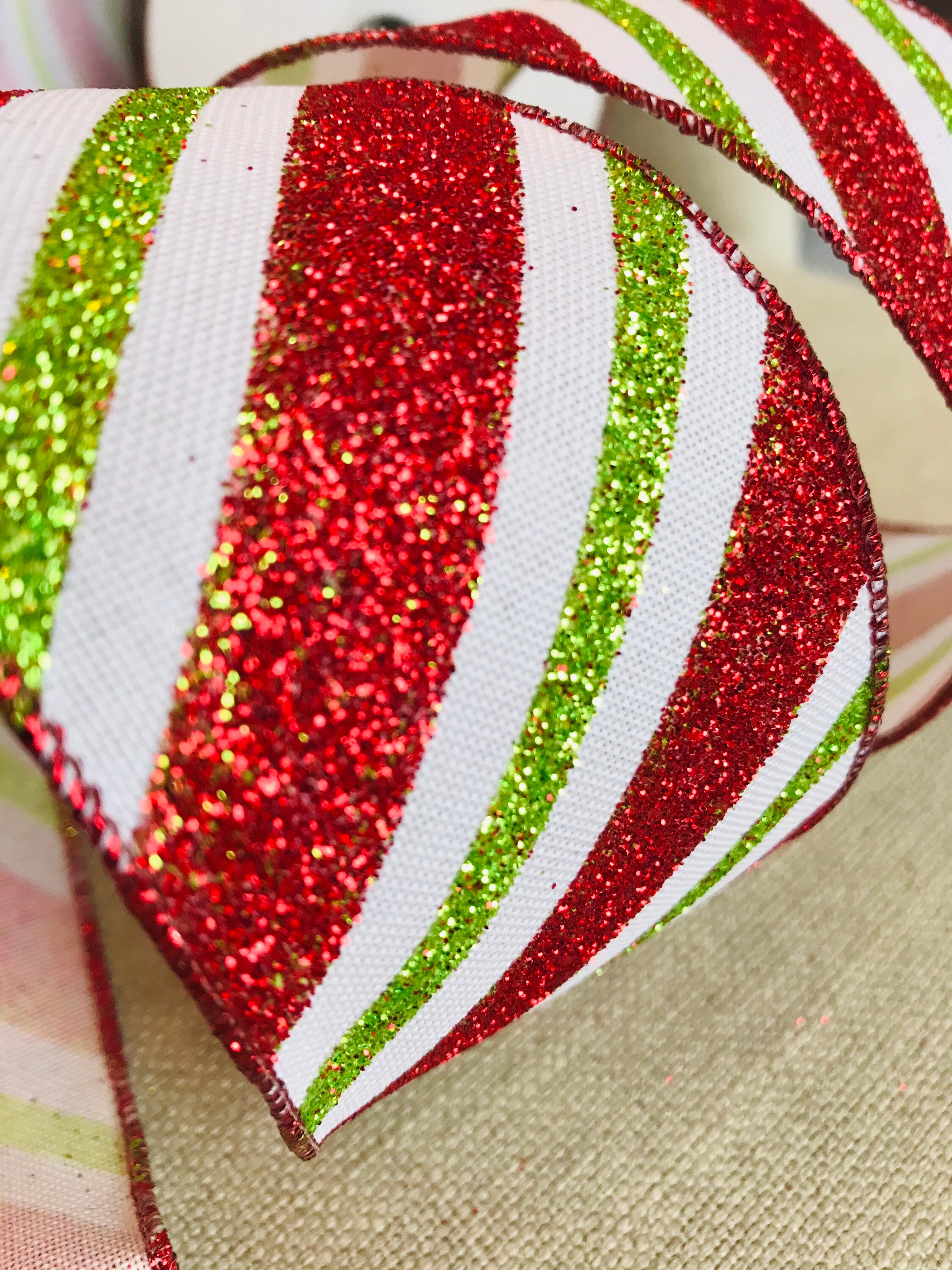 Wire Edged Ribbon Candy Cane Glitter Red Green on White Stripe | Etsy