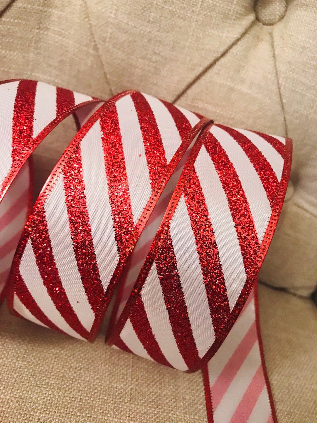 9 Meter Wire Edged Ribbon Candy Cane Peppermint Glitter Red - Etsy