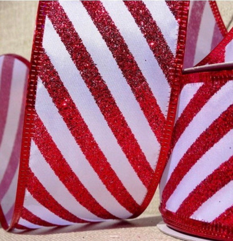 Wire Edged Ribbon Candy Cane Peppermint Glitter Red & White - Etsy