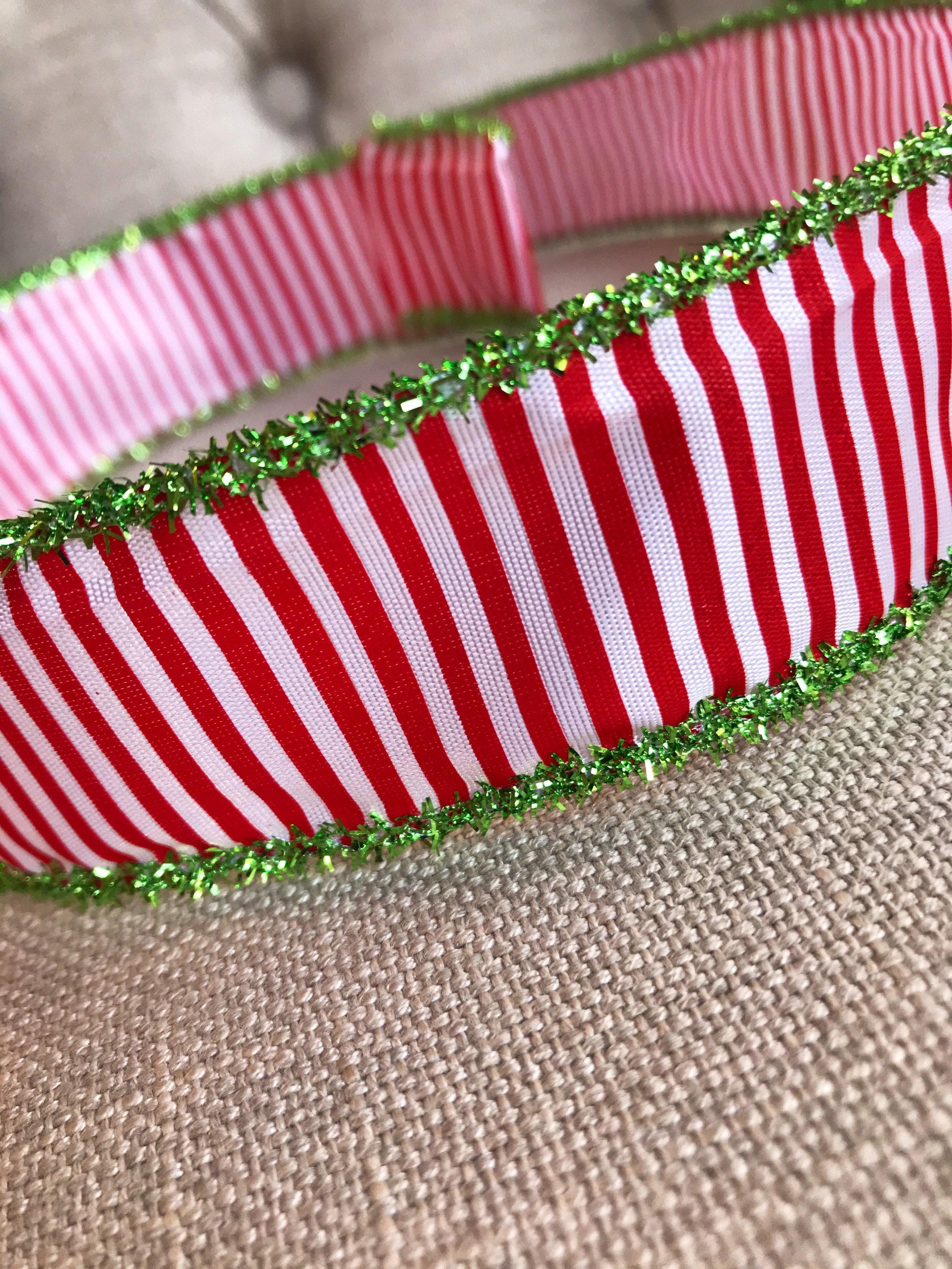 Wire Edged Ribbon Candy Cane Pinstripe Lime Green Tinsel - Etsy UK