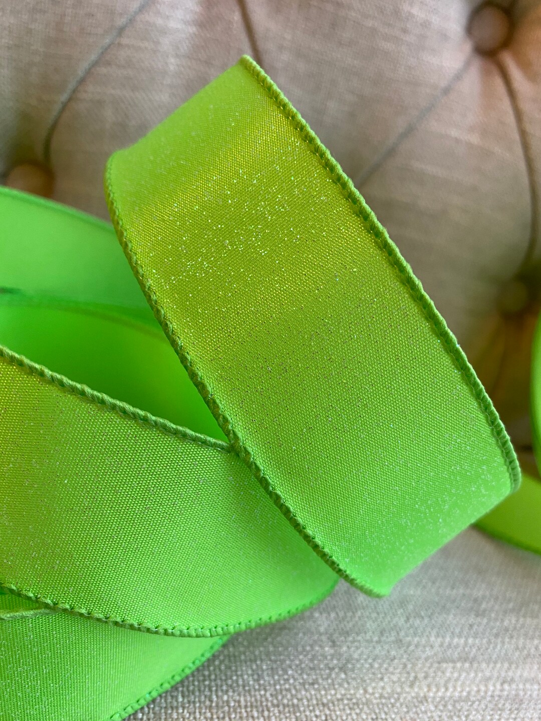 9 Meter Wire Edged Ribbon Lime Green With Iridescent Glitter 1.5” Wide ...