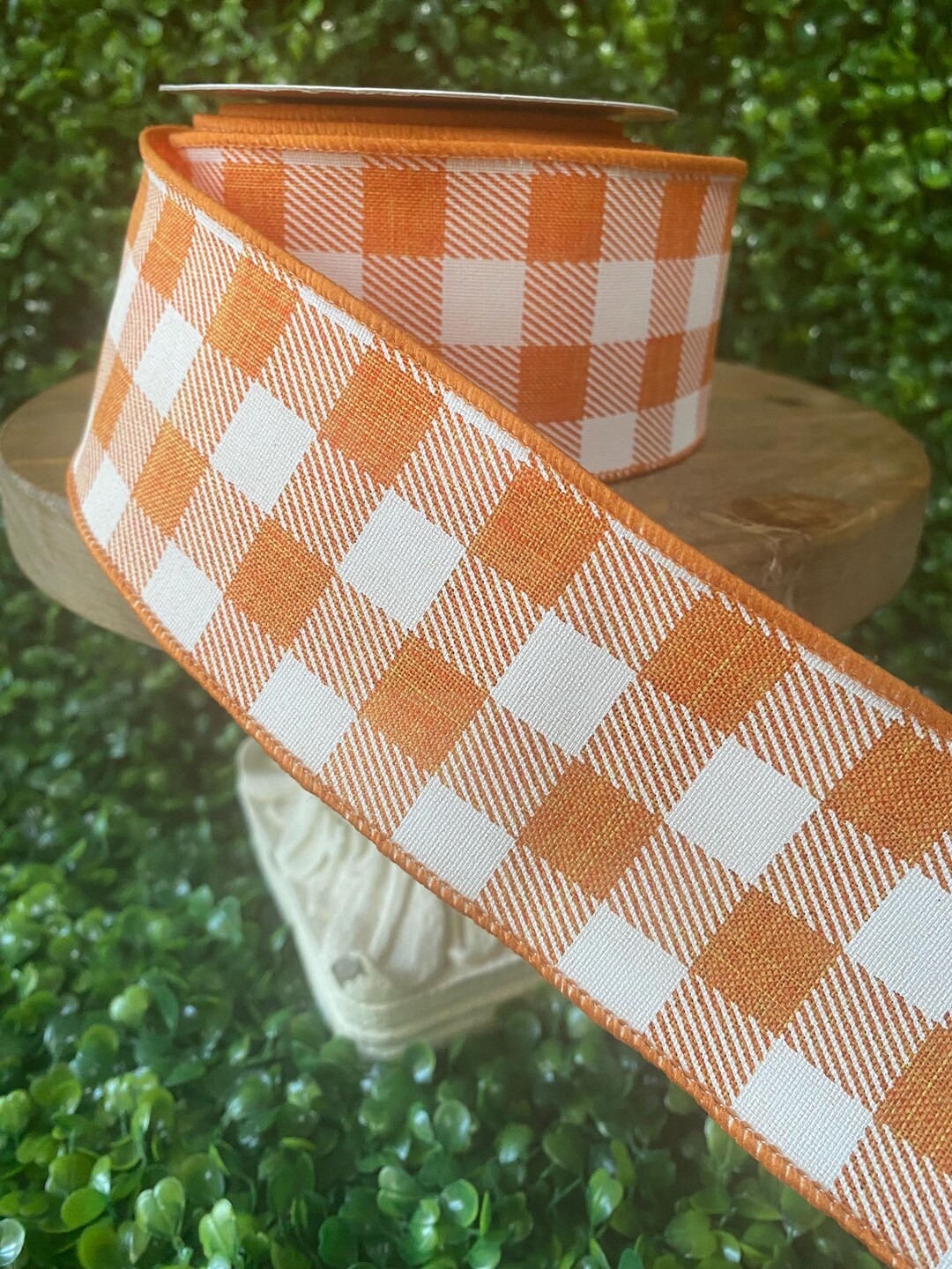 9 Meters Wire Edged Ribbon Orange & White Checkered Weave 2.5” Wide ...
