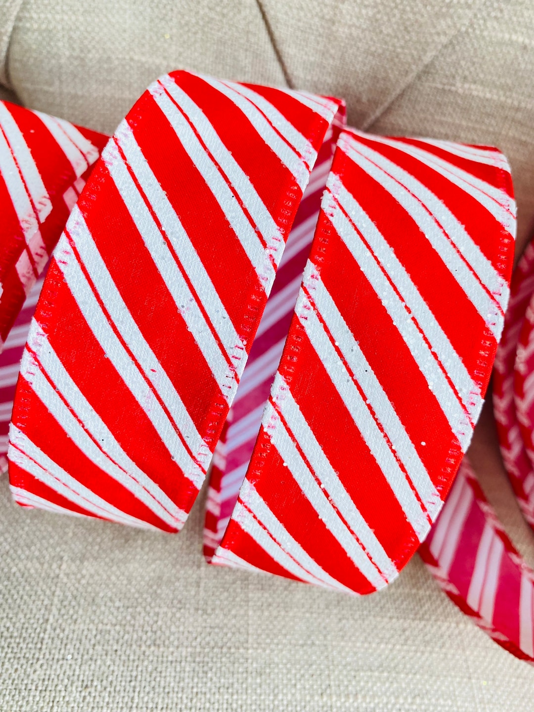 Wire Edged Ribbon Candy Cane, Peppermint, Red & White Stripe, 1.5” Wide ...