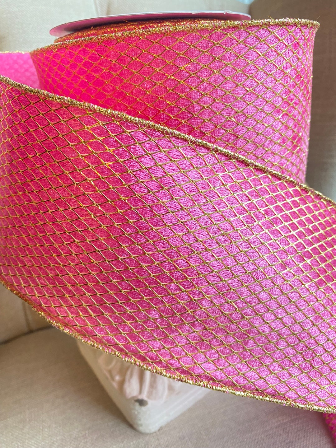 Pink Gold Mesh, Wire Edged Ribbon, 4 Wide, Pink Gold Ribbon, Pink ...