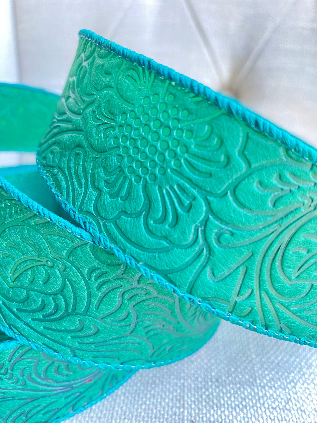 9 Meter Wire Edged Ribbon Emerald Green Embossed 1.5” Wide, Wreath ...