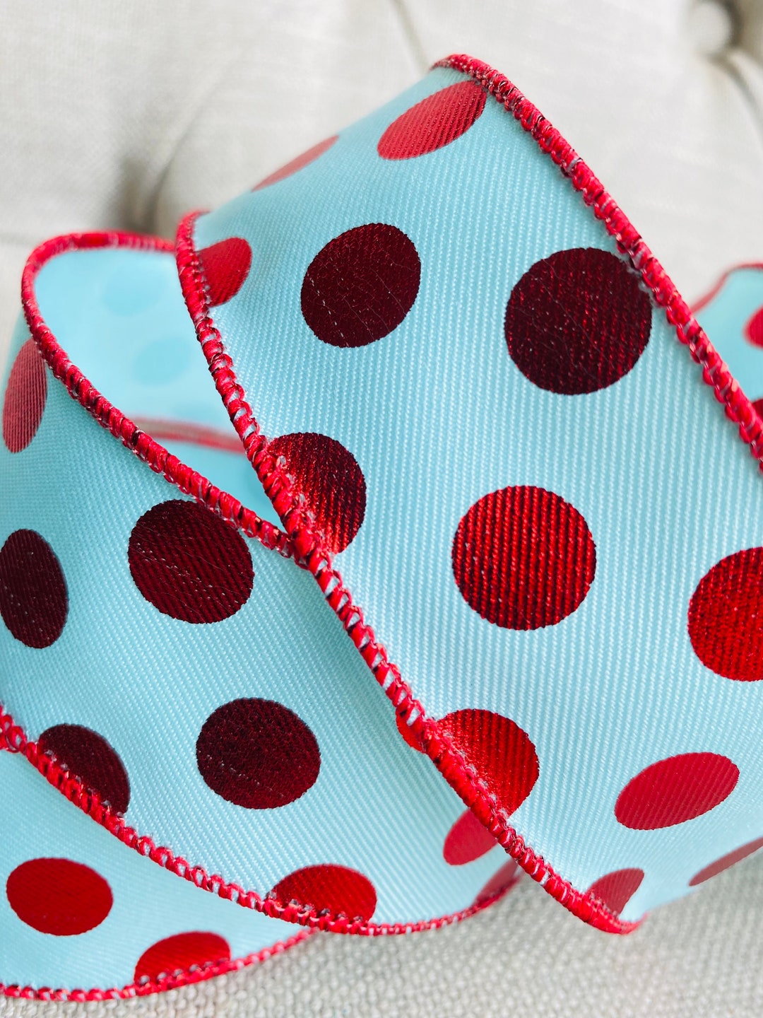 9 Meter Wire Edged Ribbon, Mint With Red Metallic Polka Dot, 1.5 Wide ...