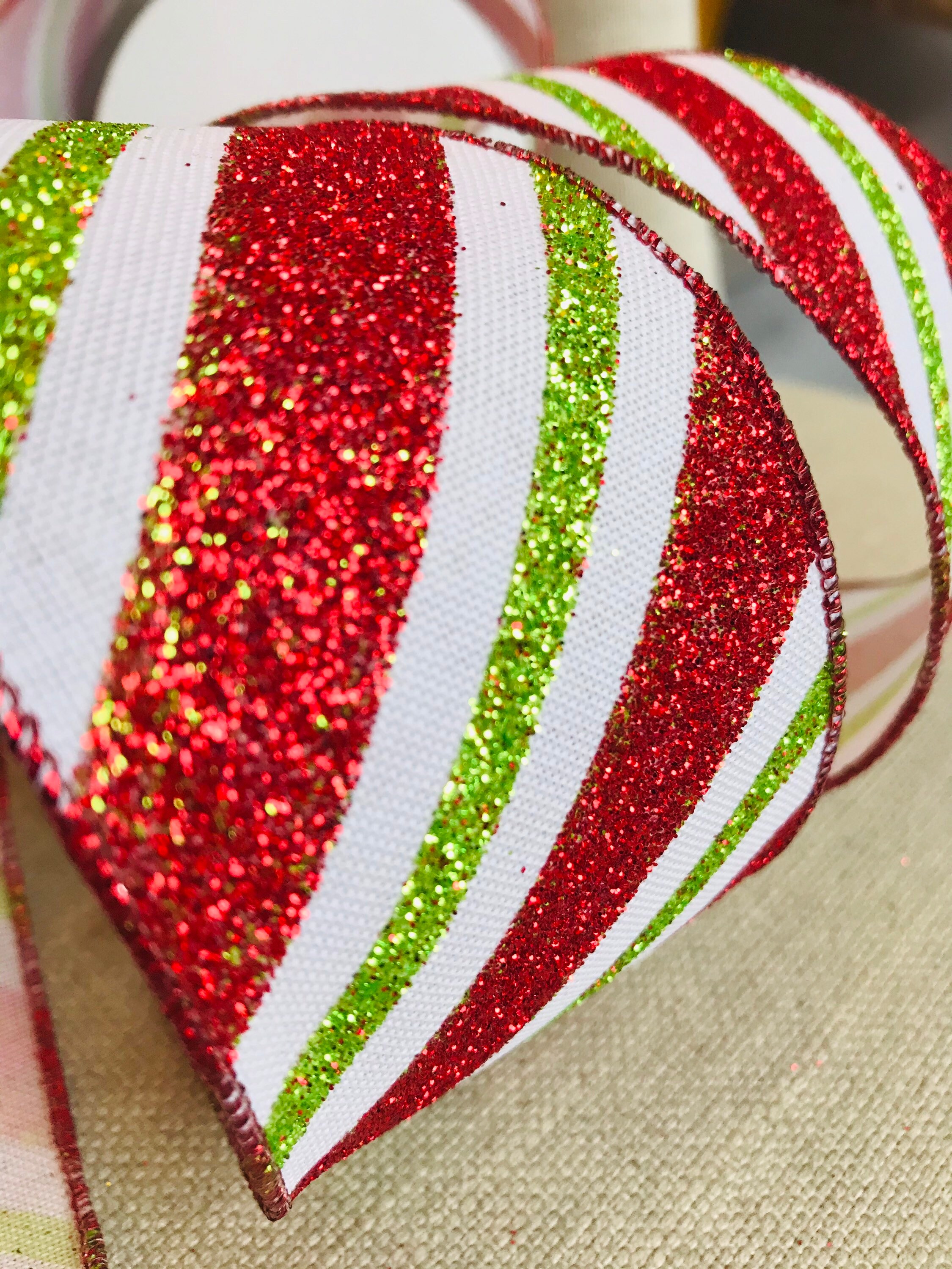 Wire Edged Ribbon Candy Cane Glitter Red Green on White Stripe | Etsy