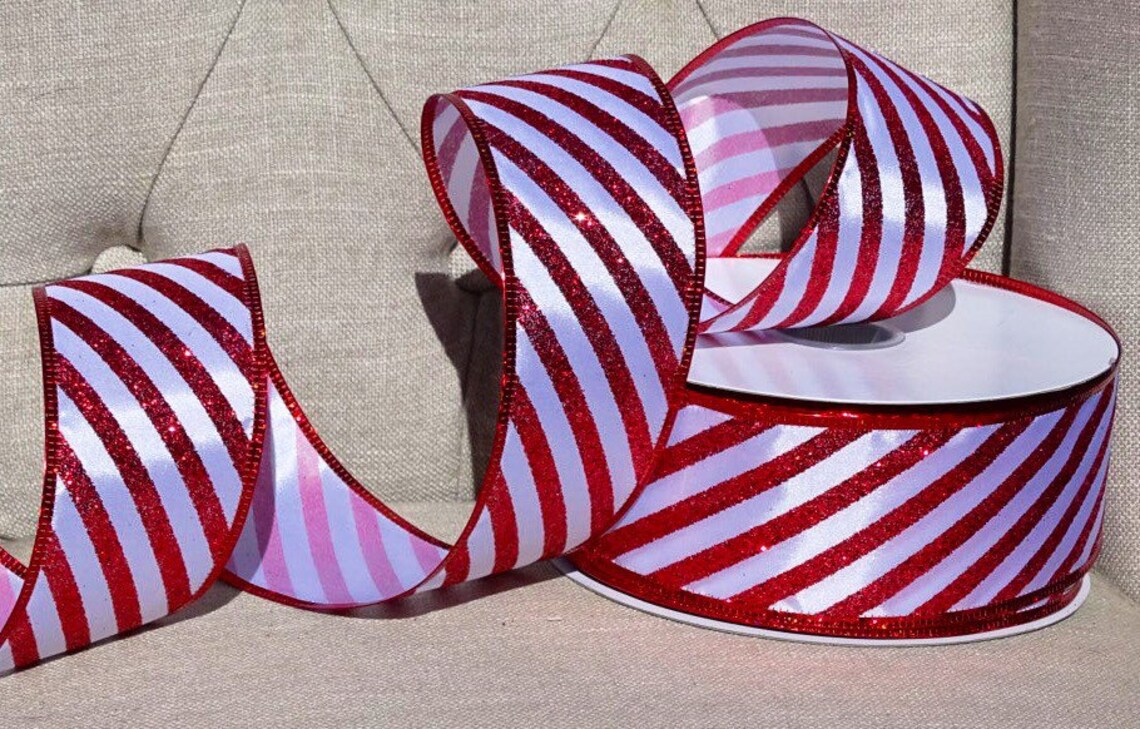 Wire Edged Ribbon Candy Cane Peppermint Glitter Red & White | Etsy
