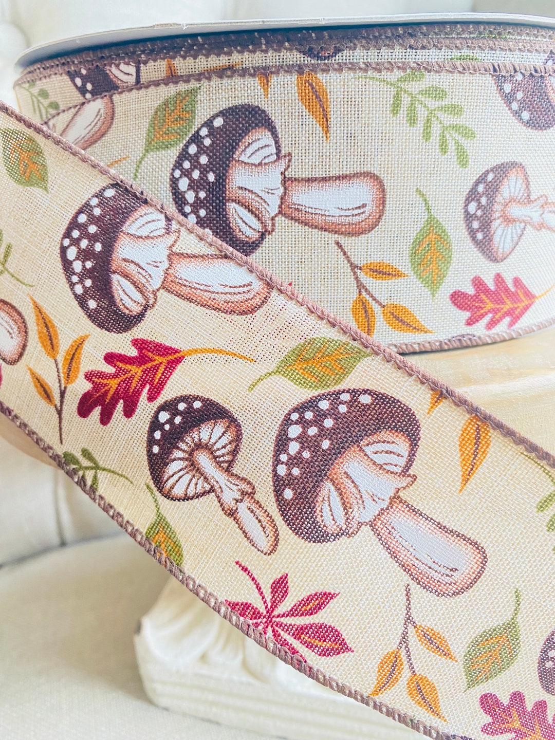 9 Meter Wire Edged Ribbon 2.5” Wide, Mushroom Toadstool Beige Burgundy ...