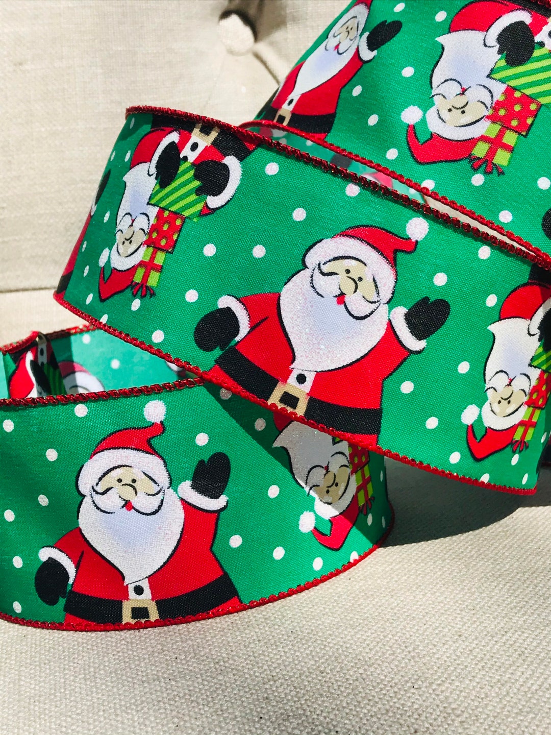 Wire Edged Ribbon Santa Christmas Delivering Presents 2.5 on - Etsy