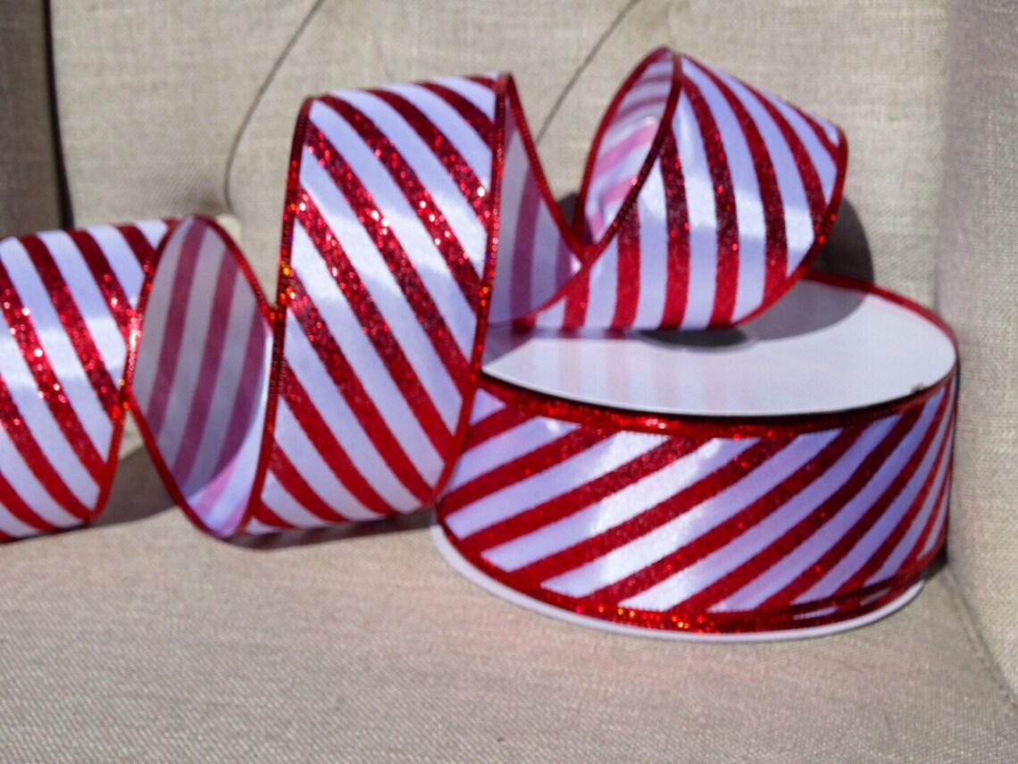 Wire Edged Ribbon Candy Cane Peppermint Glitter Red & White | Etsy