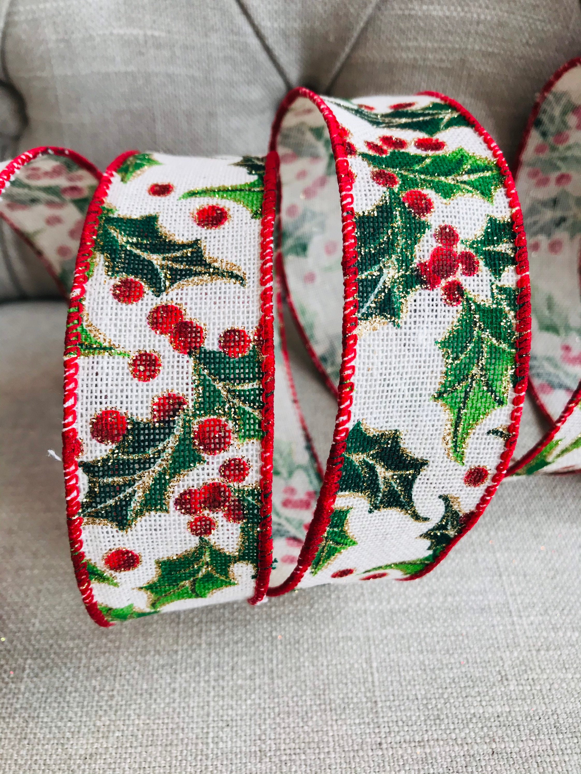 Wire Edged Ribbon Christmas Holly & Berries With Gold | Etsy