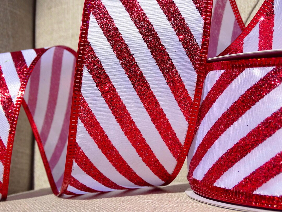 Wire Edged Ribbon Candy Cane, Peppermint, Glitter Red & White Stripe, 2 ...
