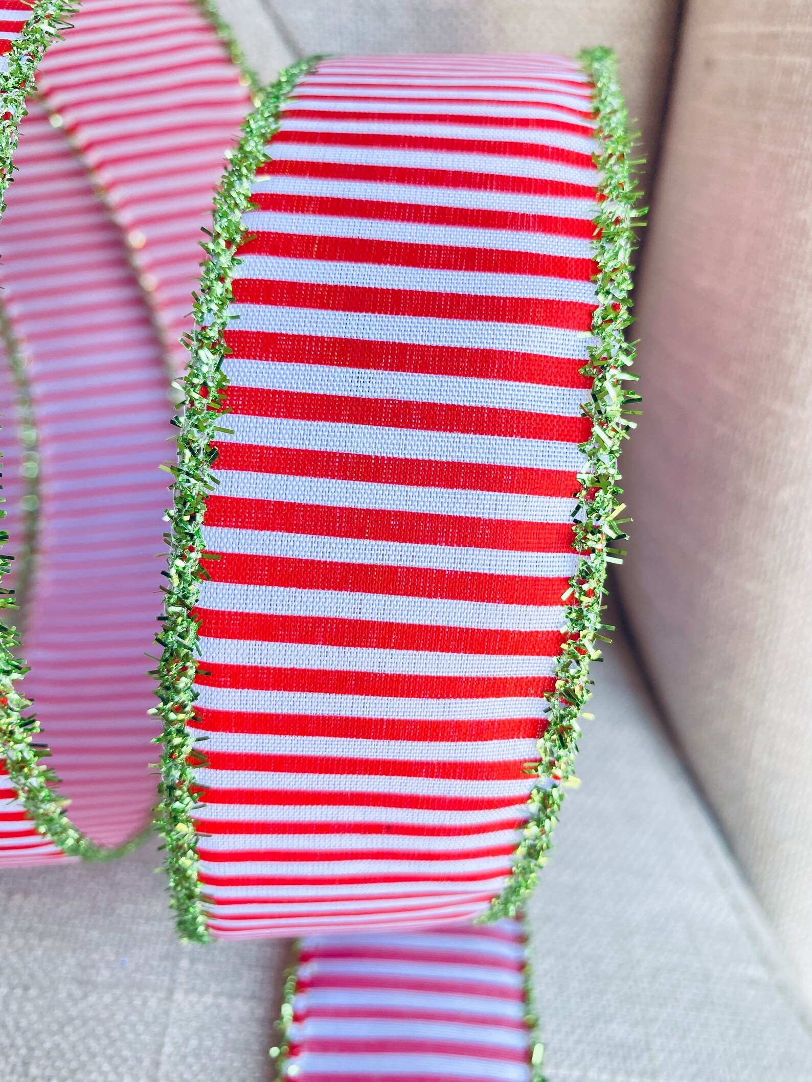 Wire Edged Ribbon Candy Cane Pinstripe, Lime Green Tinsel Edge, 1.5 ...