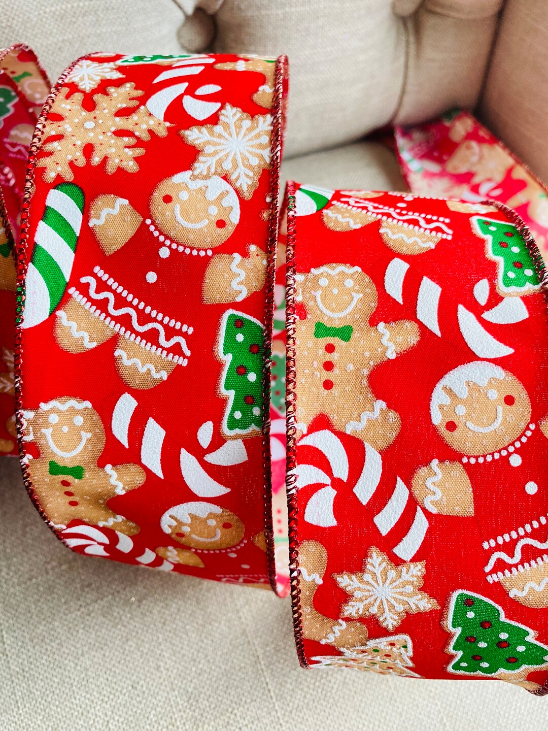 9 Meter Wire Edged Ribbon , 2.5 Wide, Gingerbread, Cookies, Candy Canes ...