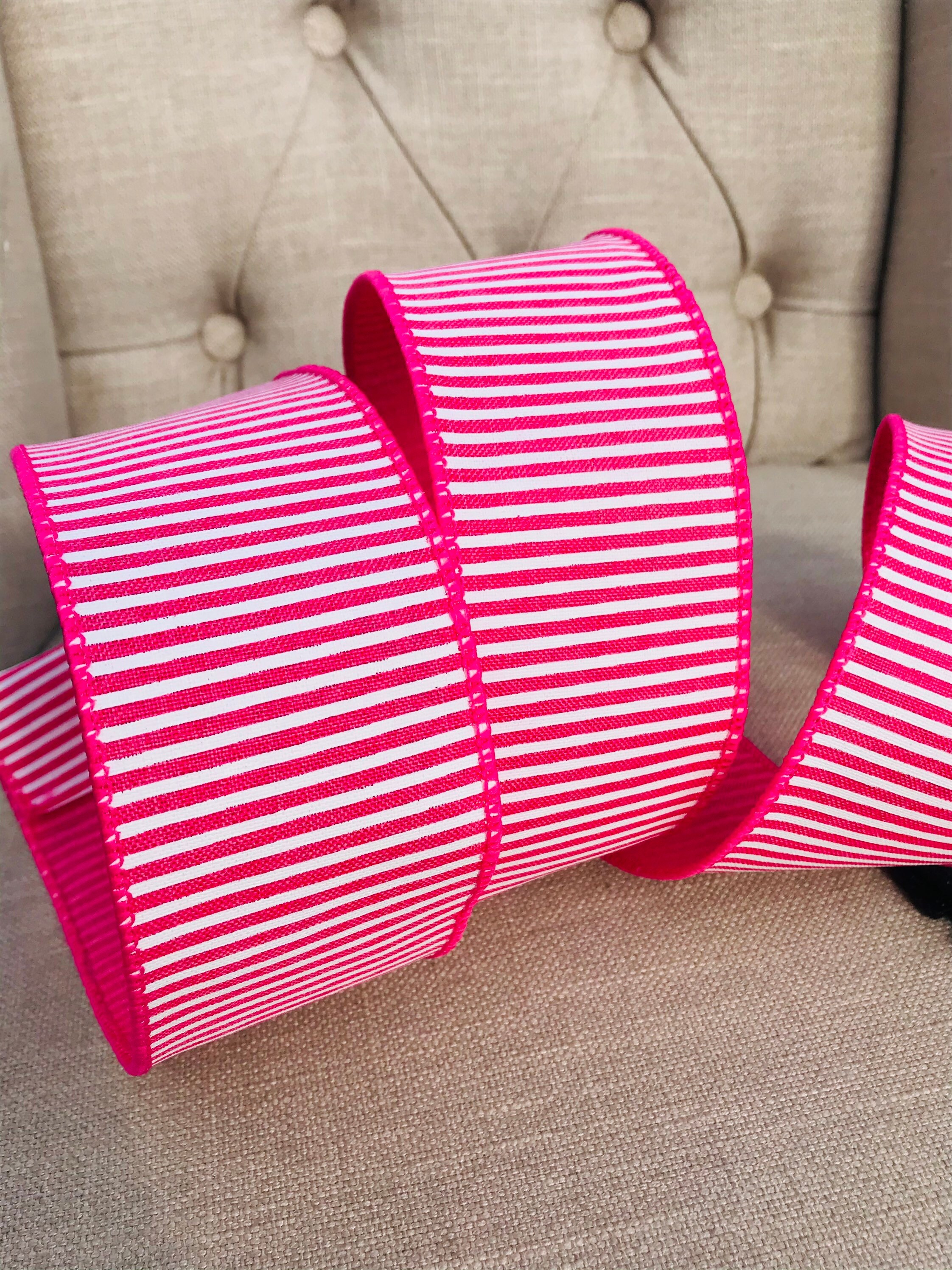 Wire Edged Ribbon Pink White Thin Pinstripe 2.5 Wide Spring | Etsy