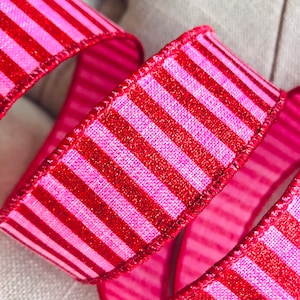 Wire Edged Ribbon Pink & Red Glitter Stripe 1.5” Wide, Wreath Garland ...