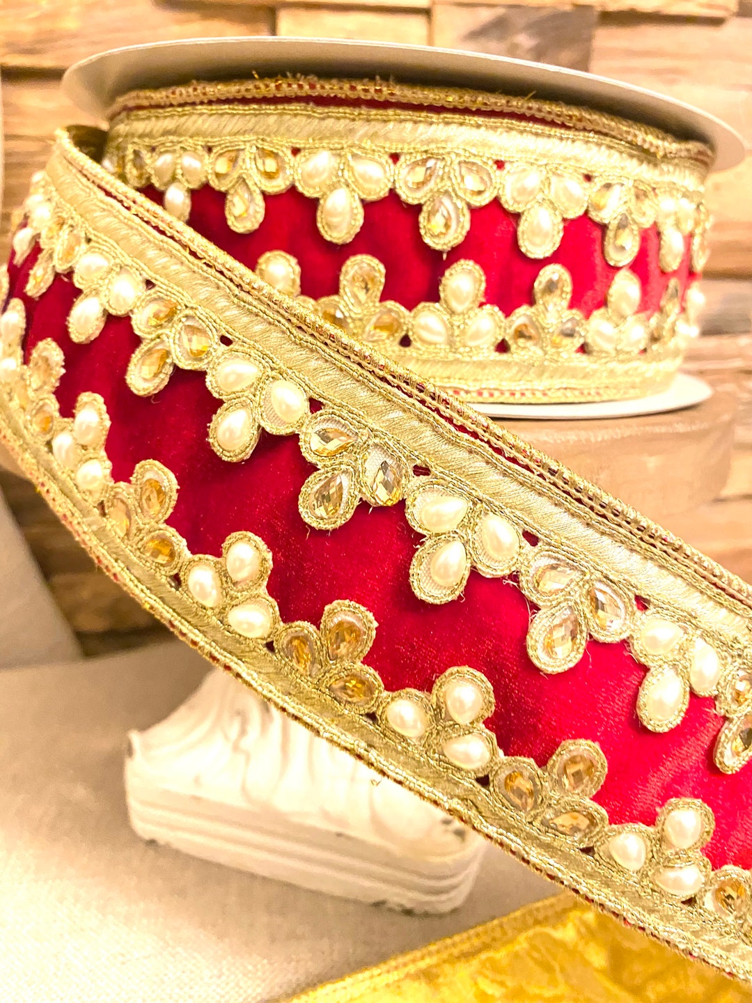 Red Velvet Gold Jewel Wire Edged Ribbon, 2.5 Wide, Full Roll 9 Meters ...