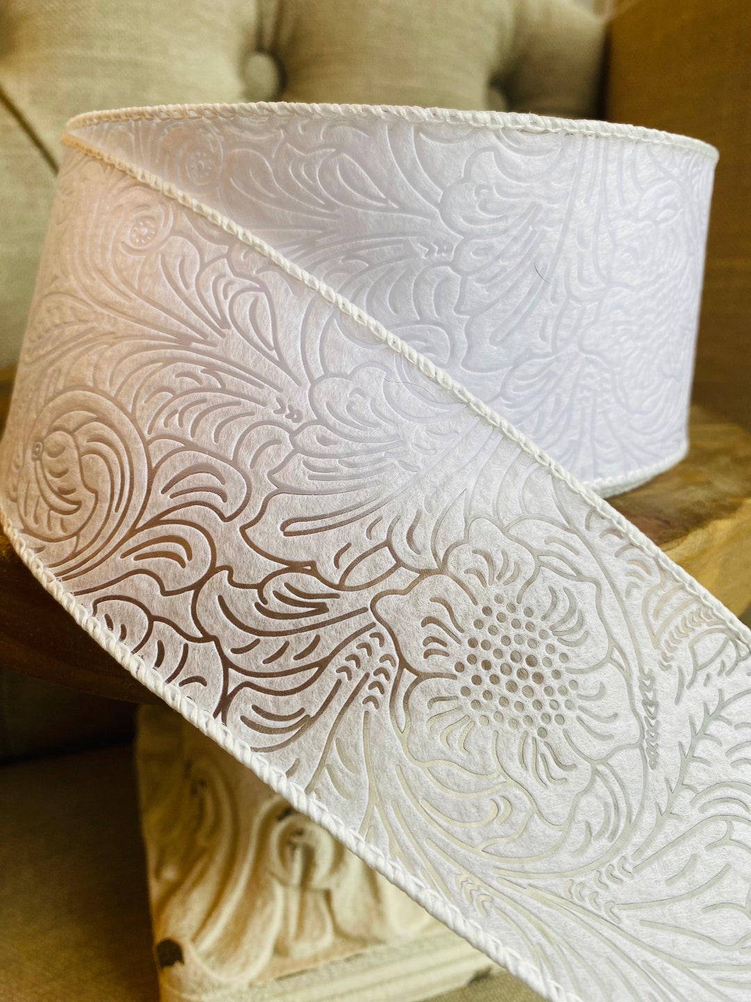 9 Meter Wire Edged Ribbon White Embossed 2.5” Wide, Wreath Ribbon, Bow ...