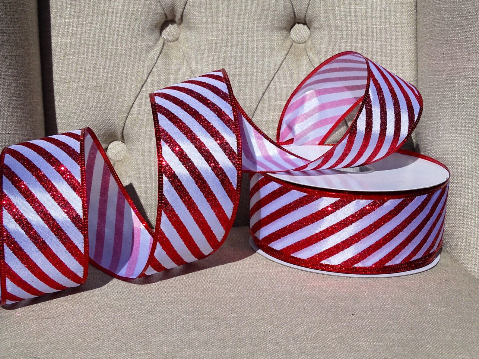 Wire Edged Ribbon Candy Cane Peppermint Glitter Red & White | Etsy