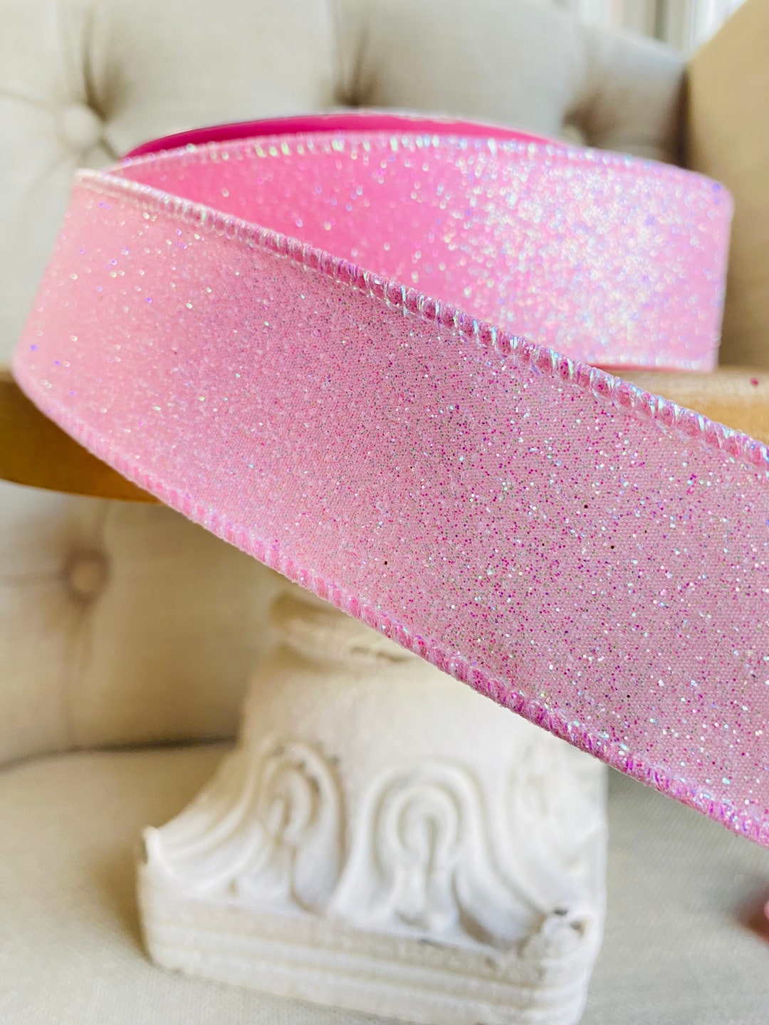9 Meter Wire Edged Ribbon Pink Shimmering Glitter 1.5 Wide, Pink ...