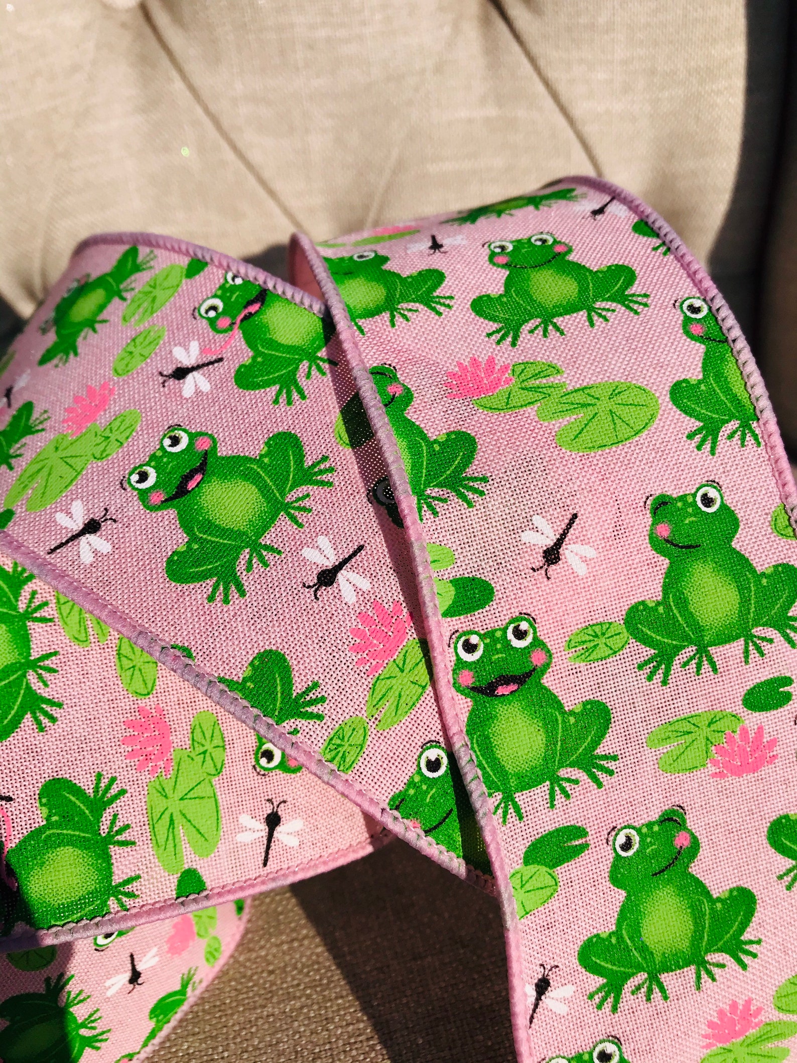 Wire Edged Ribbon Cute Frogs on Lilly Pads on a Pink Backdrop | Etsy