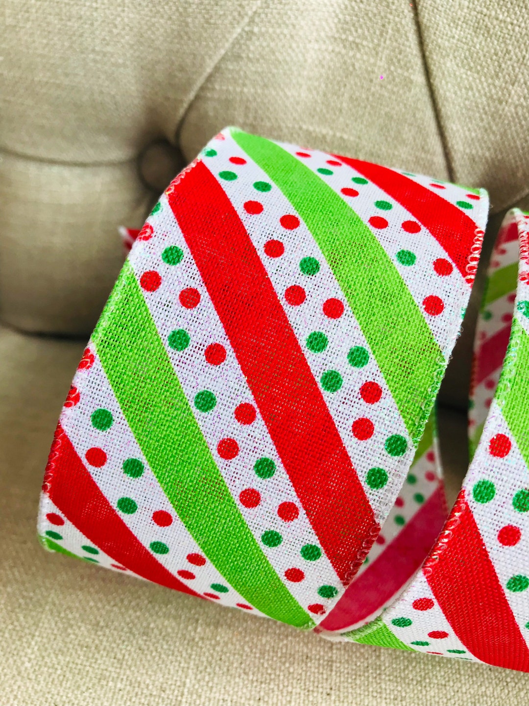 9 Meter Wire Edged Ribbon, Lime Green and Red Polka Dots With a Candy ...