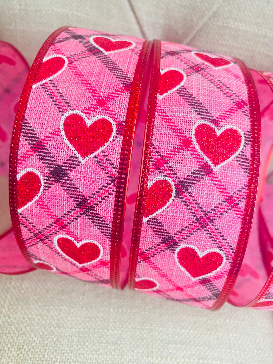 Love Hearts Wire Edged Ribbon Valentines, Red Glitter Hearts on Hot ...