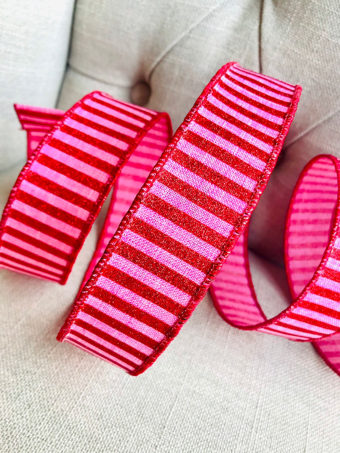 Wire Edged Ribbon Pink & Red Glitter Stripe 1.5” Wide, Wreath Garland ...